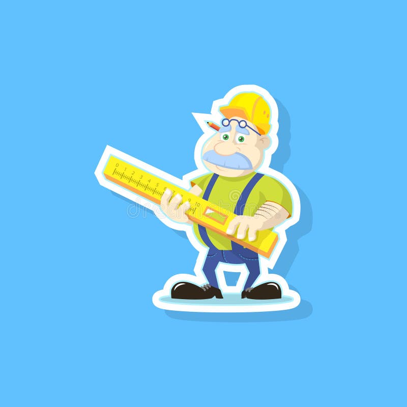 Flat Art Color Illustration of a Cute Cartoon Builder with Ruler Stock ...