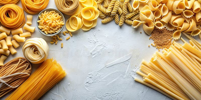 Flat Art Featuring Various Types of Pasta and Spaghetti the Scene is Depicted in a Simple and ...