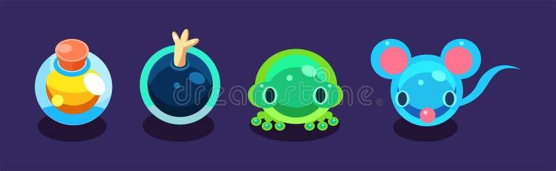 Flat Assets for Mobile Game with Funny Creatures Vector Set Stock ...