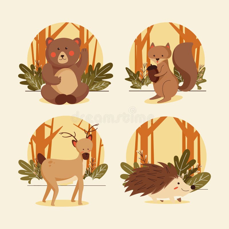 Flat Autumn Animals Set Vector Illustration. Stock Vector ...
