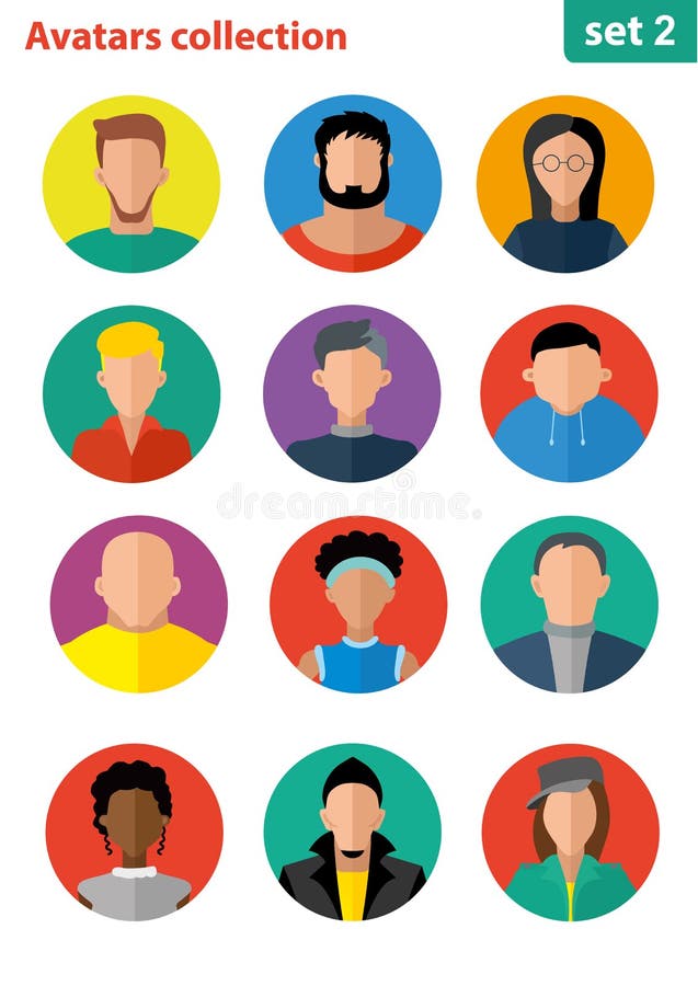 Flat Avatar Collection, Set of 12 People Icons in Flat Style with Faces ...