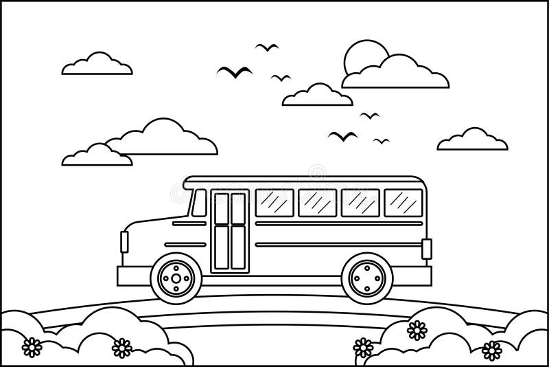 Coloring Book for Kids : School Bus Concept Flat Illustration Stock ...