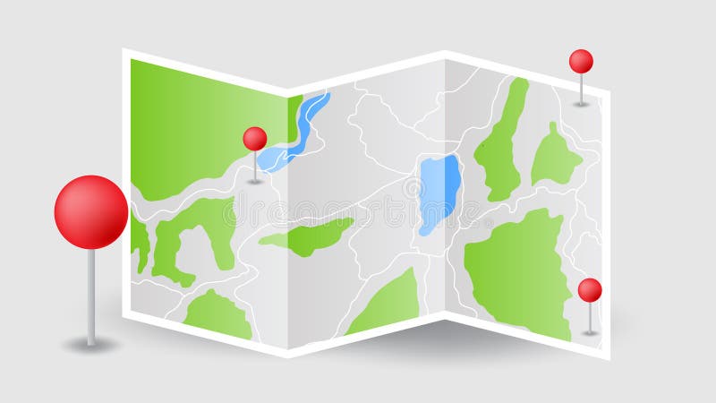 Flat Background of Location Route Map Fold Page with Red Pins Stock ...