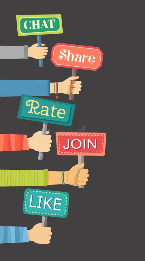 Flat Banner of Hands Holding Signs with Social Actions Stock Vector ...