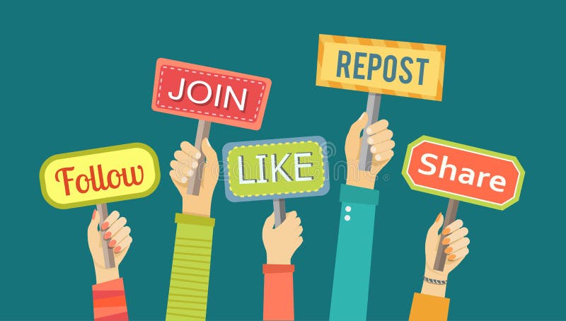 Flat Banner of Hands Holding Signs with Social Activities Stock Vector ...