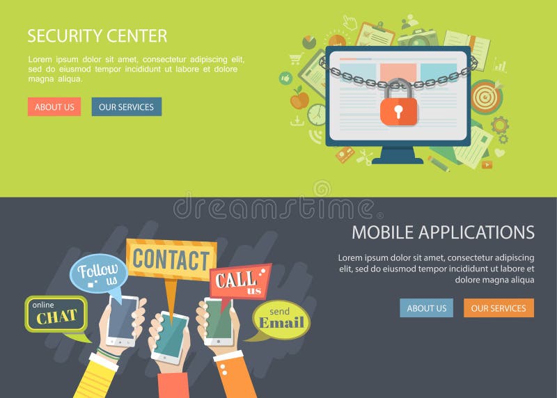 Flat Banners Set. Illustrations of Security Center and Mobile Ap Stock ...