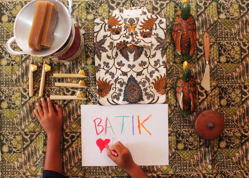 Flat Lay Batik Clotes with Canting, Small Pan and Wax Earthenware Glass ...