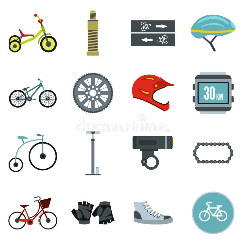 Biking Icons Set, Flat Style Stock Illustration - Illustration of ...