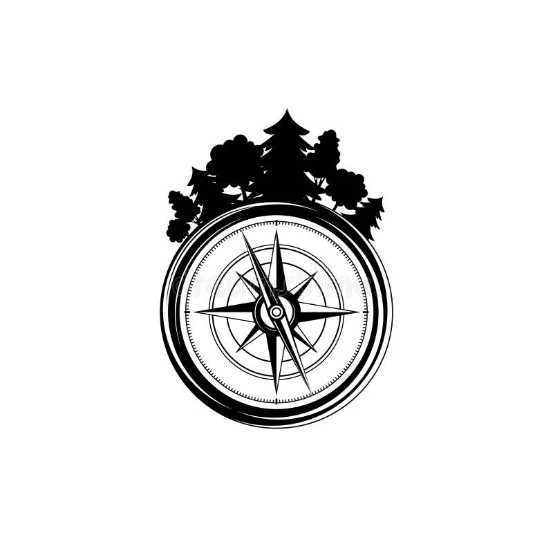 Flat Black Compass with Forest Isolated on White. Compass with Trees ...