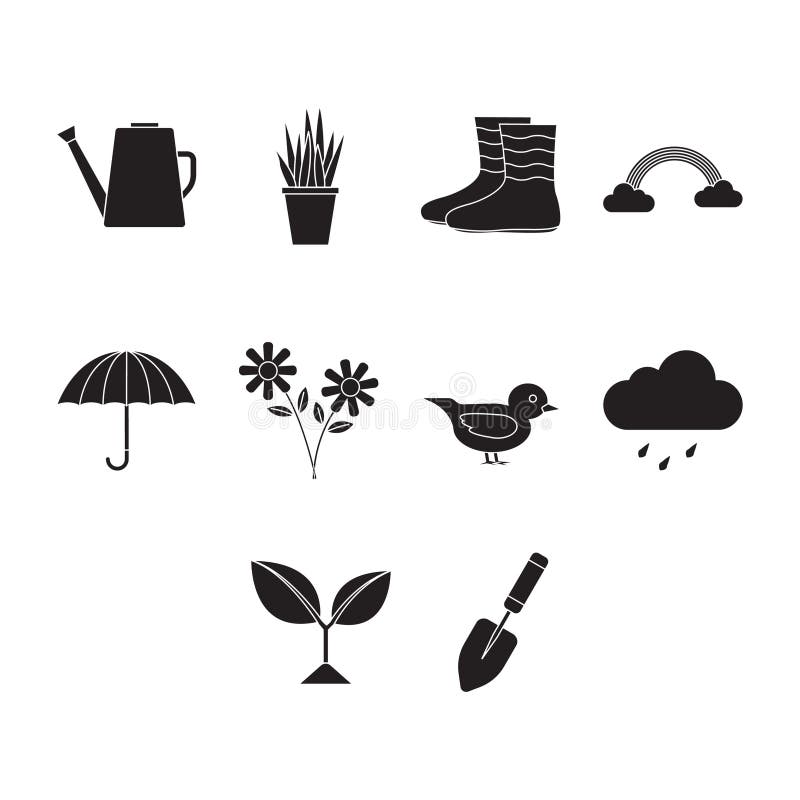 Flat Black Spring Season Icon Set Stock Vector - Illustration of ...