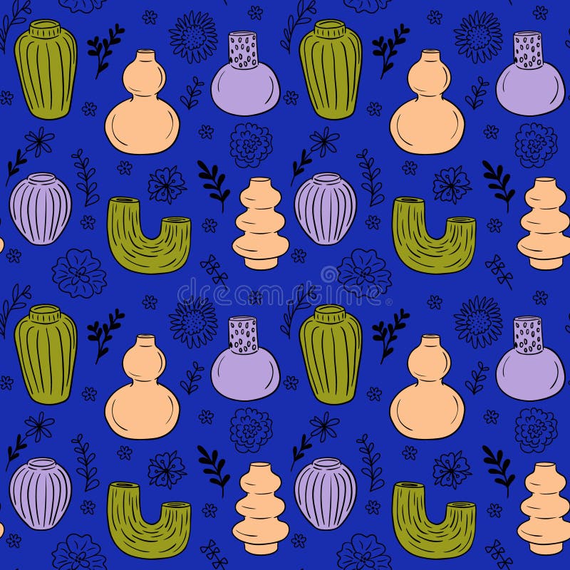 Flat Bold Vases and Flowers Seamless Pattern Stock Illustration ...