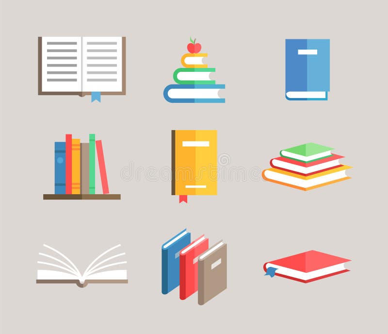 Flat Book Symbols Vector Set Stock Vector - Illustration of dictionary ...