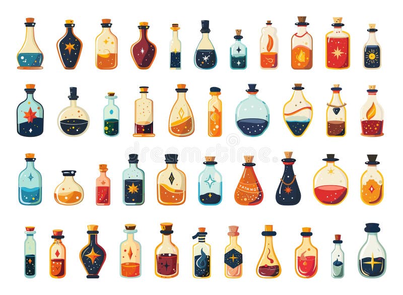 Flat Bottles of Magic Potion Icon Set. Simple Vector Illustrations of ...