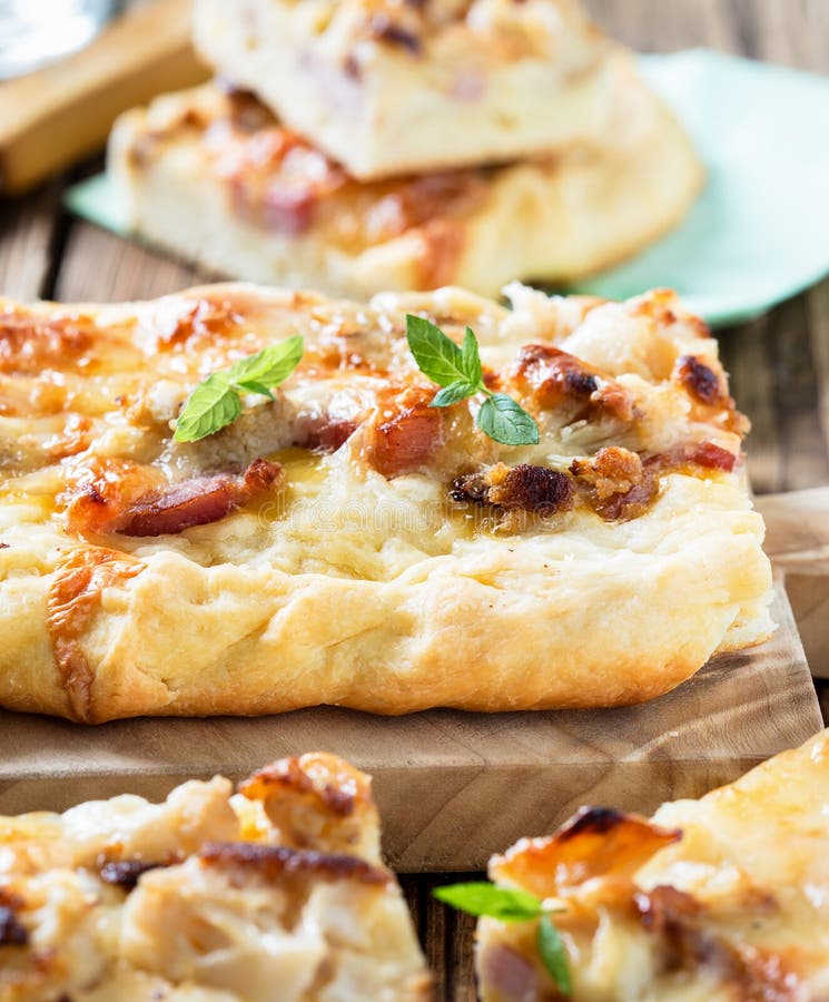 Flat Bread with Bacon, Cauliflower, Cheese Stock Photo - Image of ...