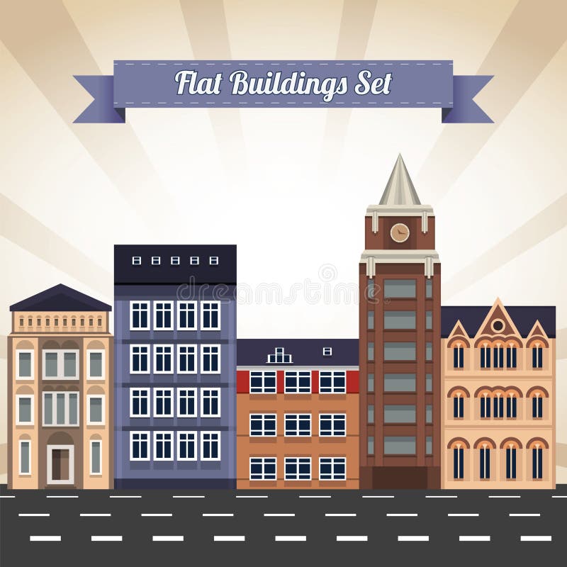 Flat buildings set stock vector. Illustration of label - 47173735
