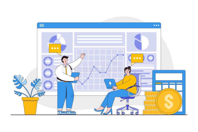 Flat Business Analysis and Marketing Using Modern Technology Concept. Businesspeople Working As ...