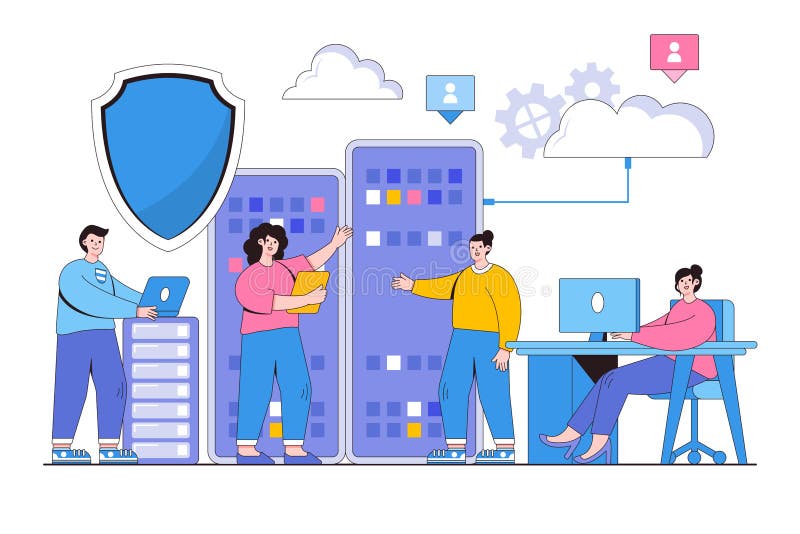 Cloud Computing, Data Storage, Remote Access Concept with Character. Digital Infrastructure ...