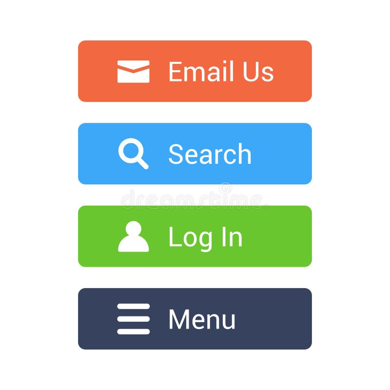 Flat Buttons Set. Email, Search, Log in, Menu Buttons for Web and App ...