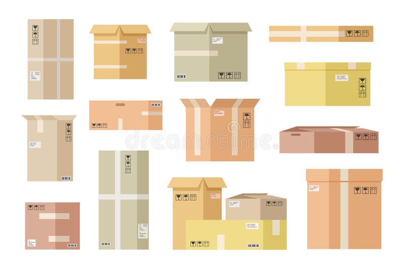 Flat Cardboard Boxes. Open Paper Box, Shipping Package. Crate Carton ...