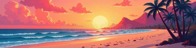 Flat Cartoon Beach Sunset; Split Complementary Palette , Illustration ...