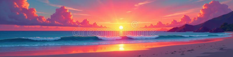 Flat Cartoon Beach Sunset; Split Complementary Palette , Tranquil, Wave ...