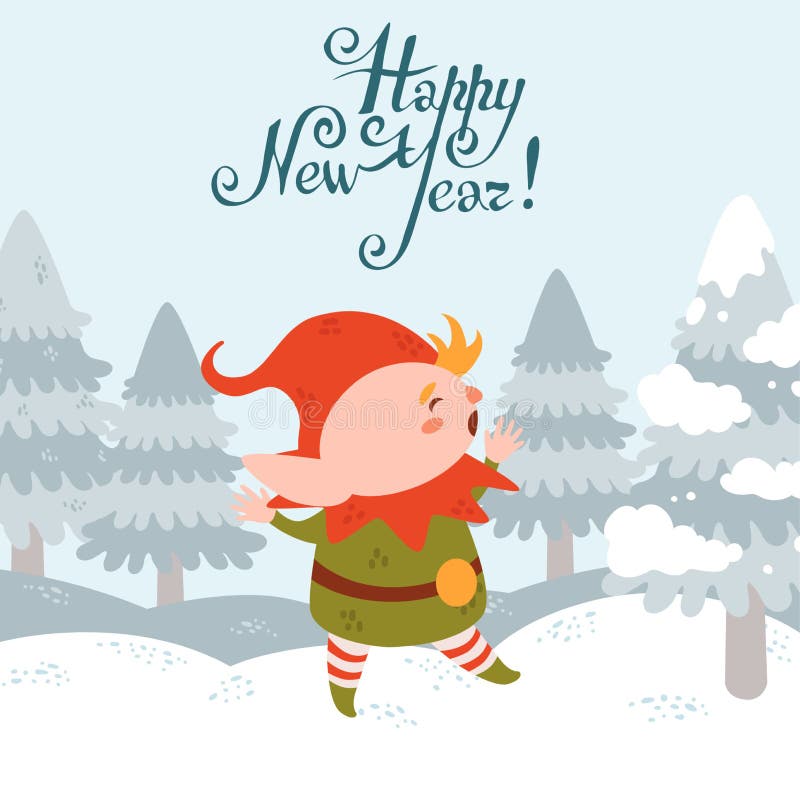 Flat Cartoon Cute Vector Christmas Elf Singing. Winter Landscape Stock ...