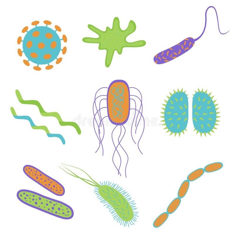 Flat Cartoon Design Germs and Bacteria Icons on White Background Stock ... Flat Cartoon Design Germs and Bacteria Icons on White Background Stock ...
