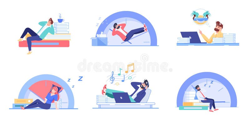 Flat Cartoon Employee Characters Procrastination Set,at Work Vector ...