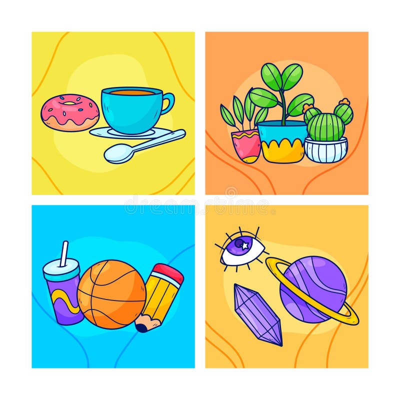 Flat Cartoon Hand Drawn Doodle Composition Set Stock Illustration ...