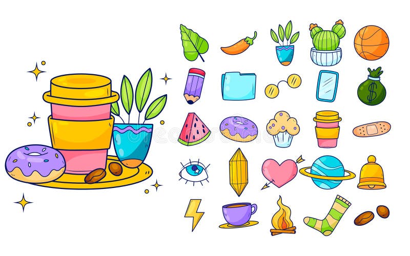 Cartoon Hand Drawn Doodle Illustration and Icons Set Stock Illustration ...