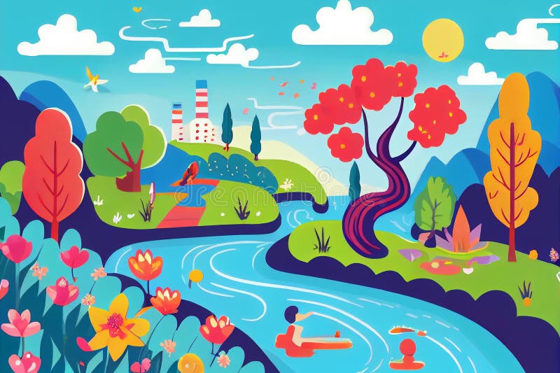 Flat Cartoon Illustration of a Landscape Stock Illustration ...