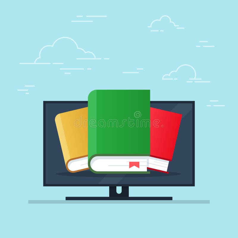 Flat Cartoon Pc with Books, Concept of Ebook Library, Digital Online ...