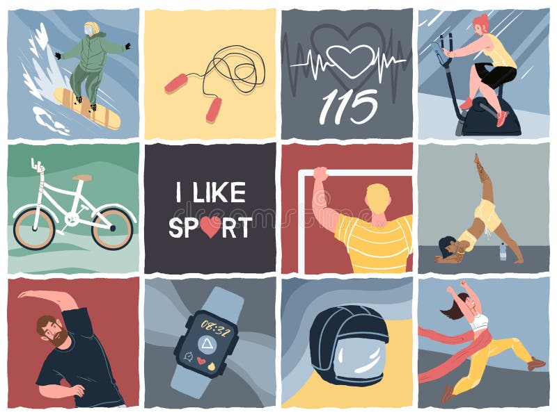 Flat Cartoon Square Tiles with Sport Theme Scenes and Elements,vector ...