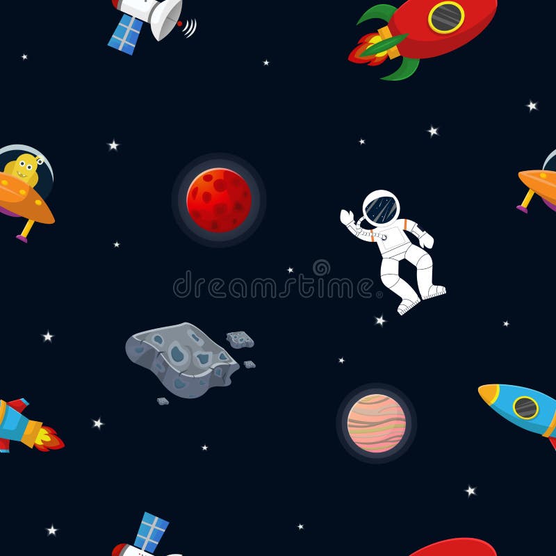 Flat Cartoon Style Space Pattern. Astronaut with Stock Vector ...