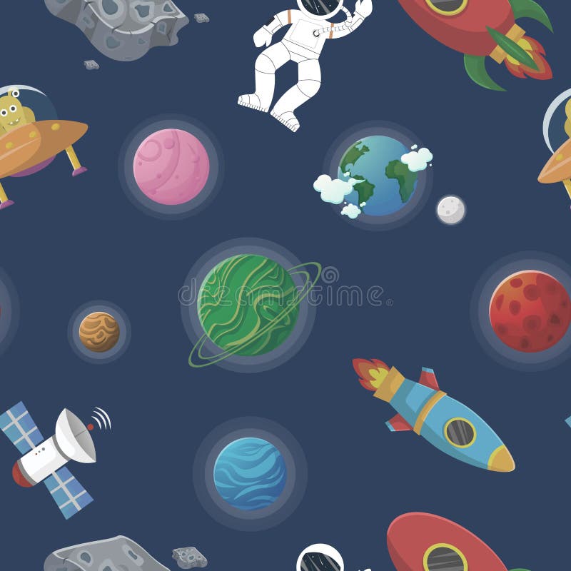 Flat Cartoon Style Space Pattern. Astronaut with Stock Vector ...