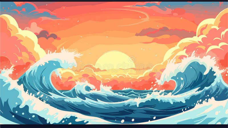 Flat Cartoon Style Tsunami Wave Background: Vibrant and Dynamic Ocean ...