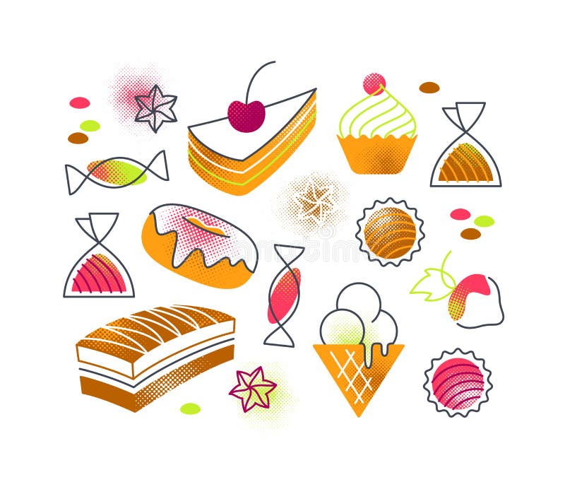 Flat Cartoon Sweets and Cakes Confectionery Isolated Illustrations ...