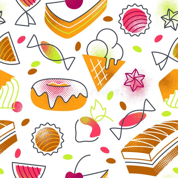 Flat Cartoon Sweets and Cakes Confectionery Seamless Pattern Stock ...