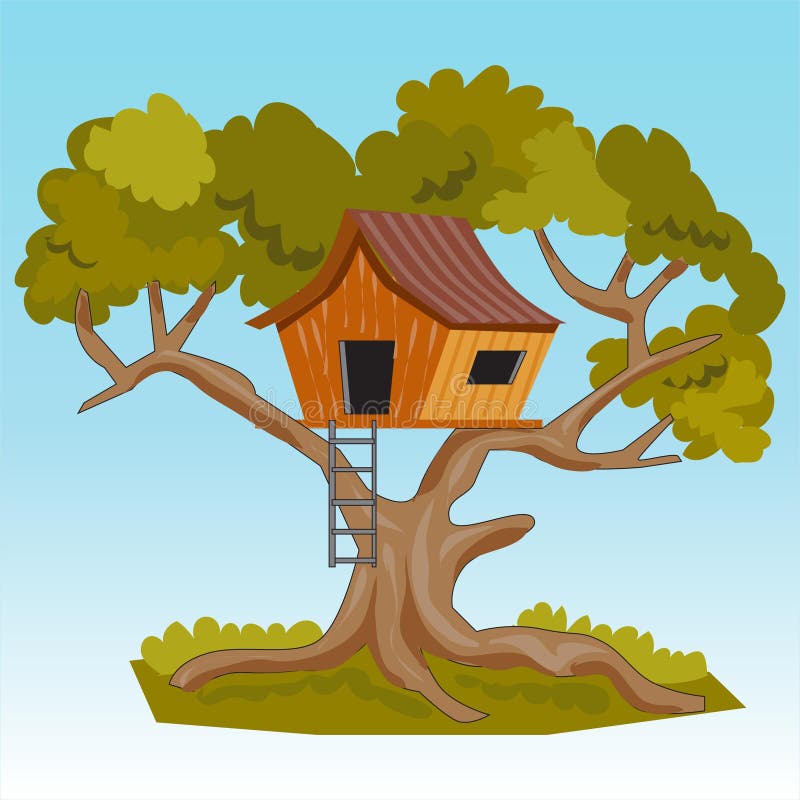 Flat Cartoon Tree House Illustration Stock Vector - Illustration of ...