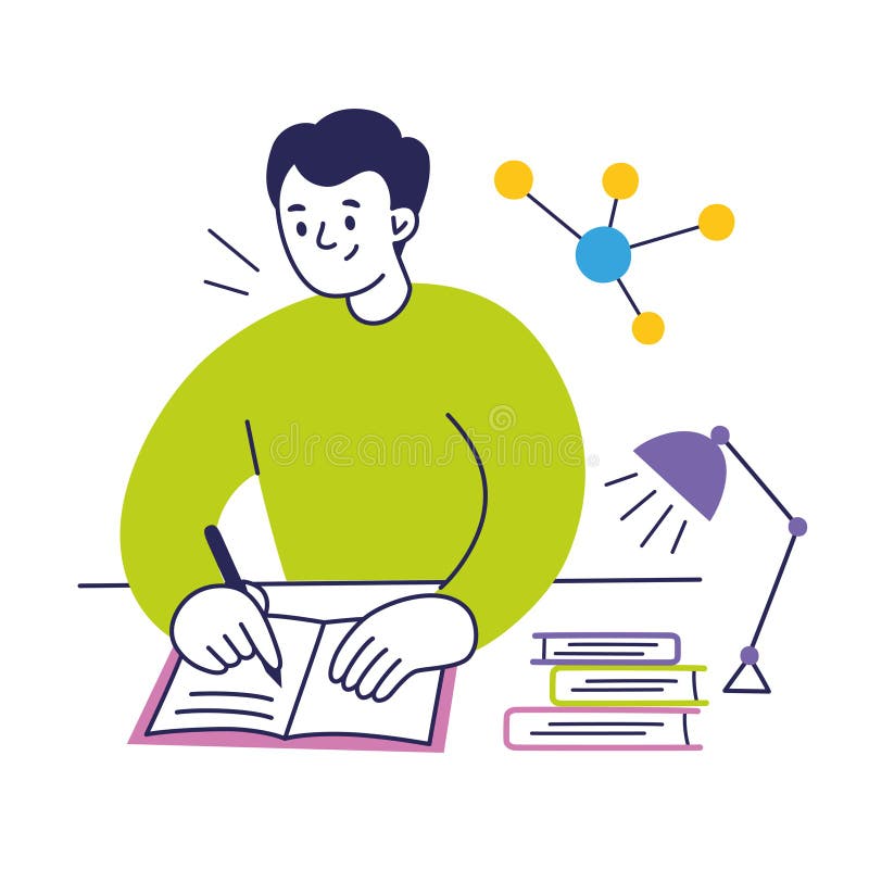 Flat Cartoon Vector Illustration of Boy or Man Sitting at Desk and ...