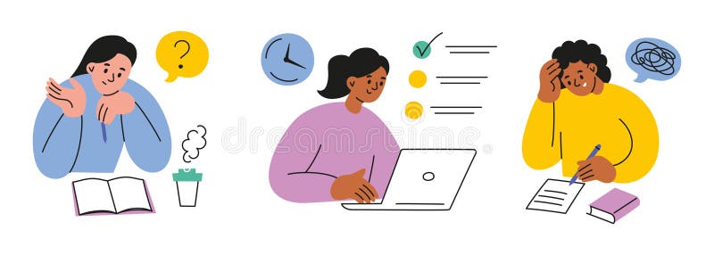 Flat Cartoon Vector Illustration Set of Female Students Taking Exams ...