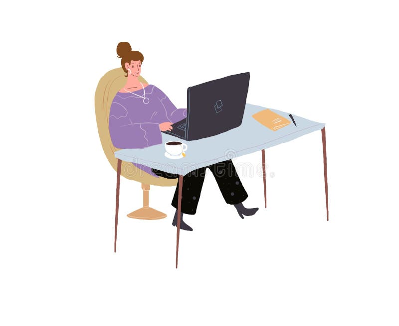 Flat Cartoon Woman Character Using Computer,online Learning and ...