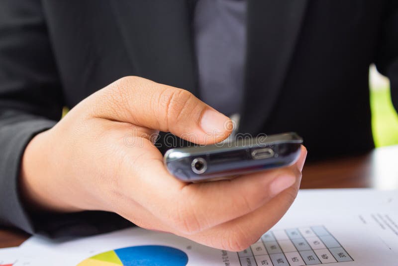 Flat Cell Phone in Business Man Hand Stock Image - Image of display ...