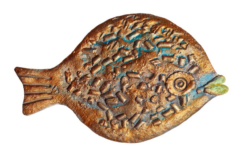 Flat Ceramic Fish with a Textured Surface, Painted with Blue and Gold ...
