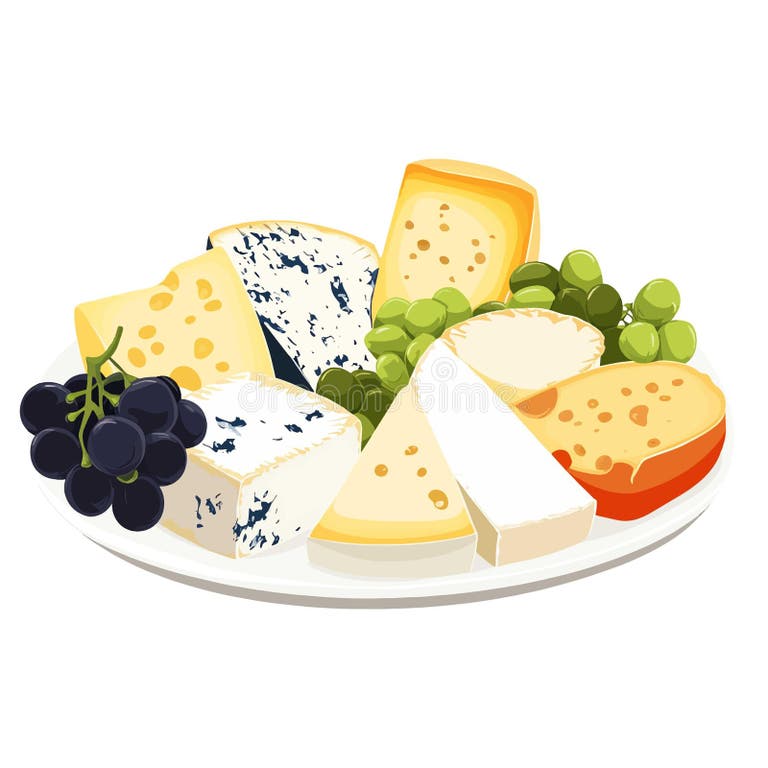 Flat a Cheese Platter Featuring Various Cheeses and Grapes. Vector ...