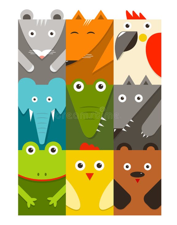 Flat Childish Rectangular Animals Set Stock Vector - Illustration of ...