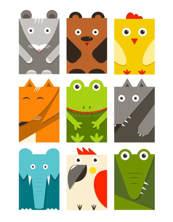 Flat Childish Rectangular Animals Set Stock Vector - Illustration of ...