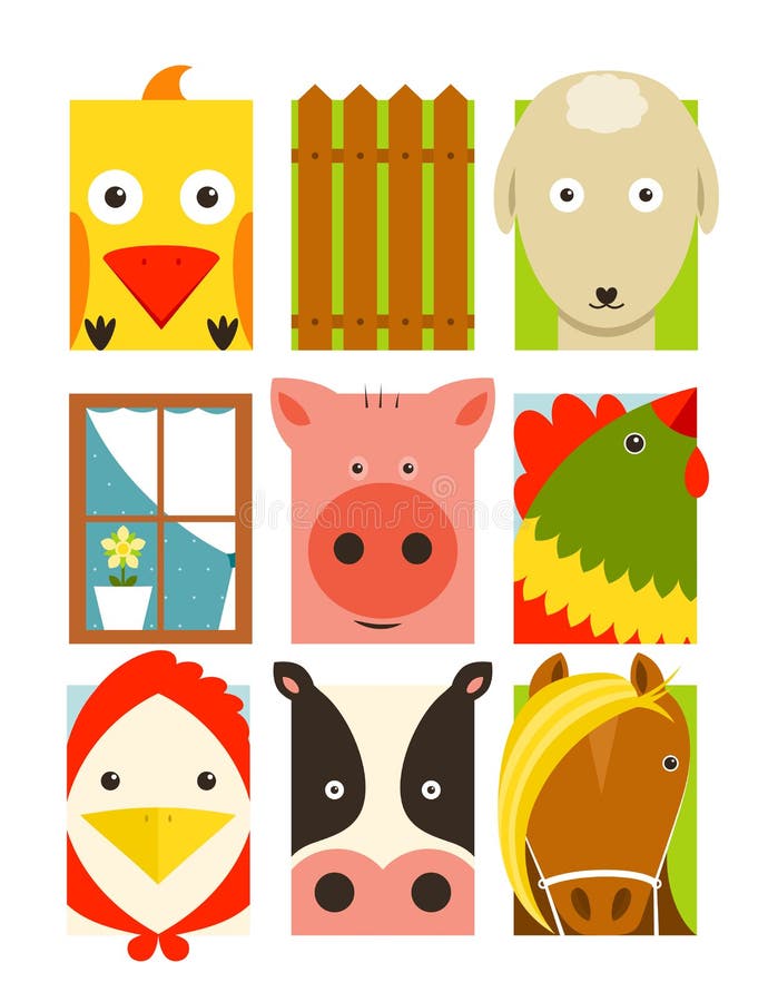 Flat Childish Rectangular Cattle Farm Animals Set Stock Vector ...