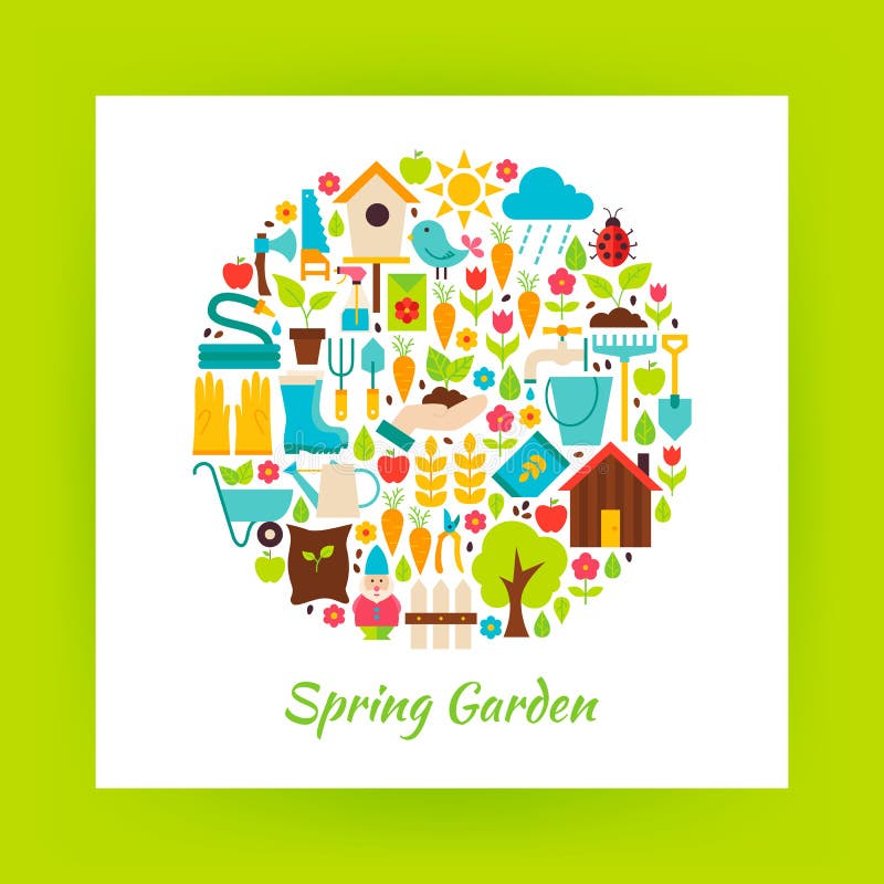 Flat Circle Spring Garden Objects Over White Paper Stock Vector ...