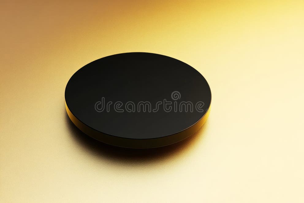 Flat Circular Disk in Black, Placed on a Smooth Gold Surface, with Soft ...